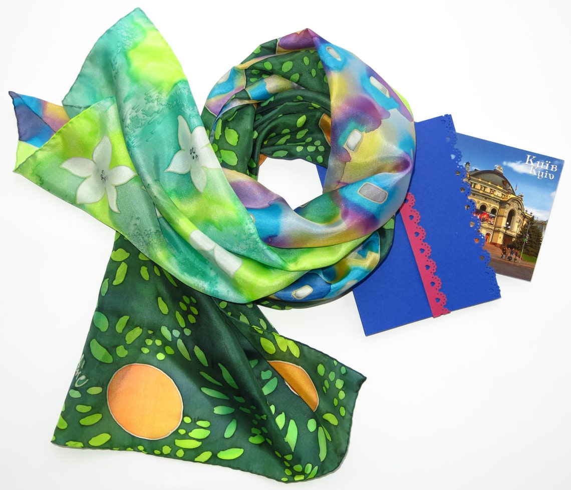 Green Silk Scarf - Orange Tree - Hand Painted Silk Scarf in Batik ...