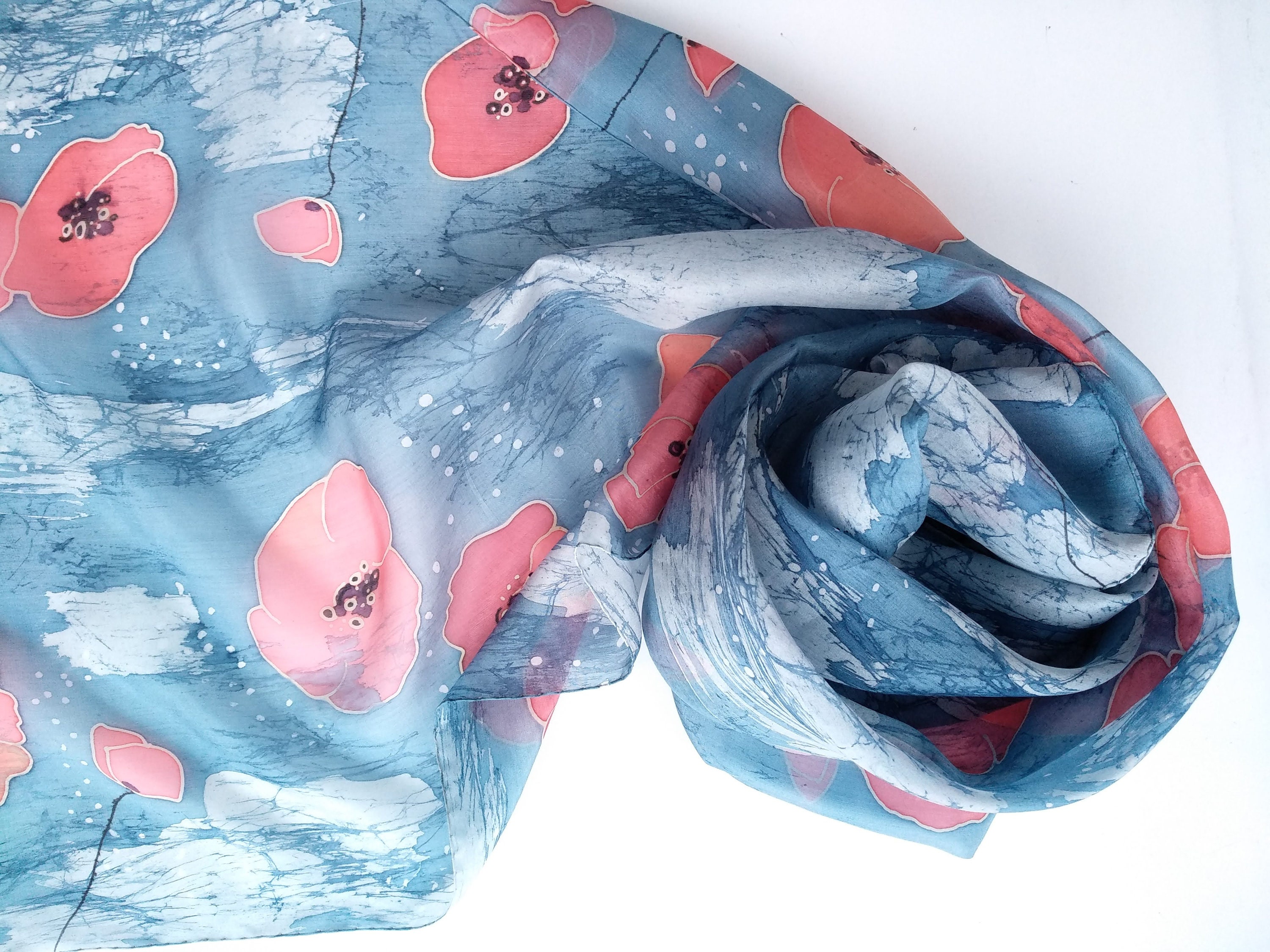 Poppies Silk Scarf. Hand Painted Silk Scarf. Red Poppy on Gray. Floral ...