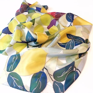 Lemon Fresh Silk Scarf Hand Painted Fruit Print Bright Citrus Tropical ...