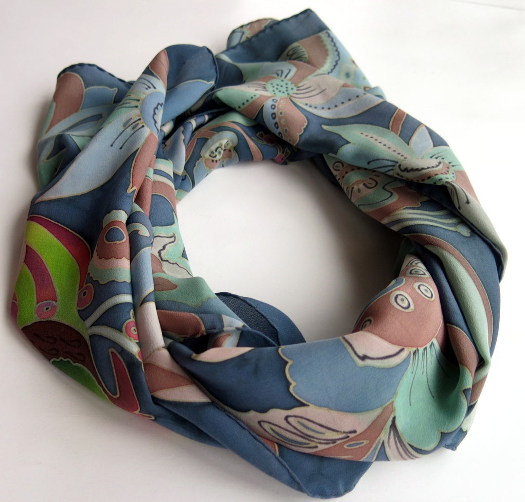 Blue Silk Scarf Fairy Flowers. Scarf in Folk Art Style With - Etsy