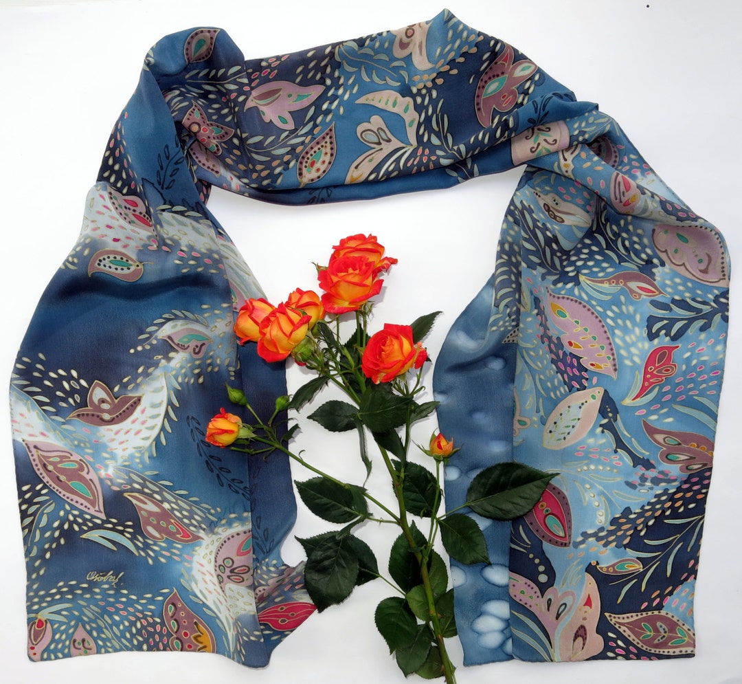 Hand Painted Silk Scarf, Batik Sea Colors, Blue Wave Design - Etsy