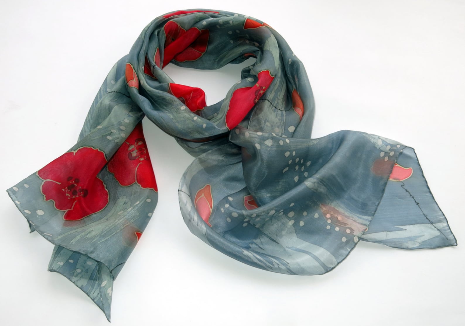Poppies Silk Scarf. Hand Painted Silk Scarf. Red Poppy on Gray. Floral ...
