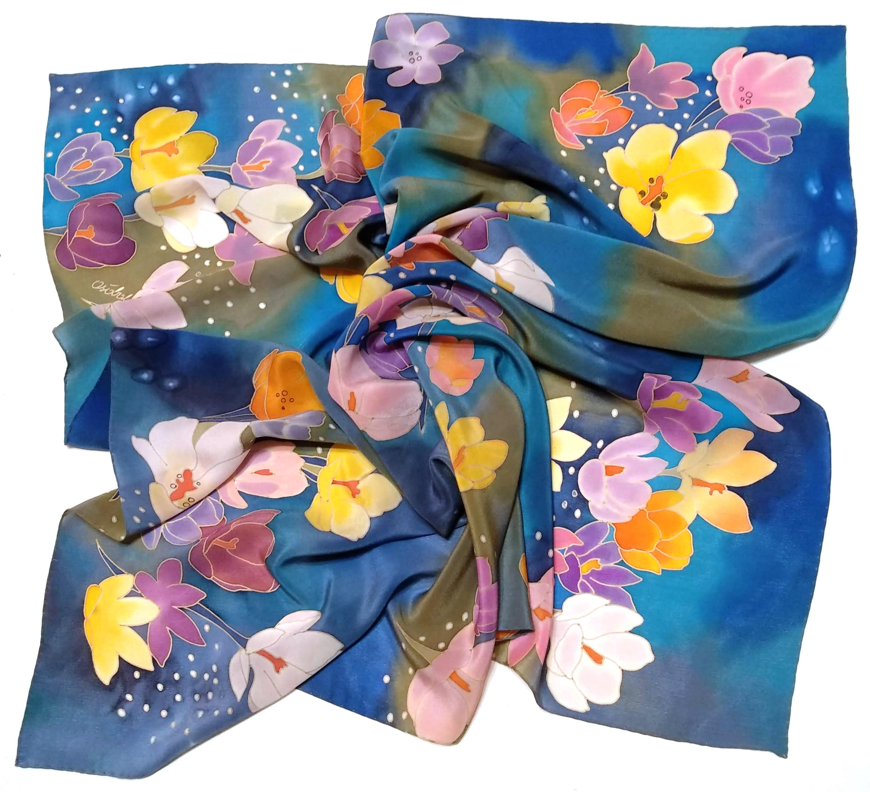Crocus scarf silk. Floral blue silk scarf. Hand painted silk | Etsy