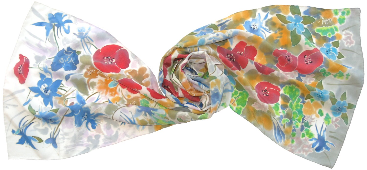 Poppy Silk Scarf. Bunch of Poppies Flowers. Hand Painted Silk Scarf ...
