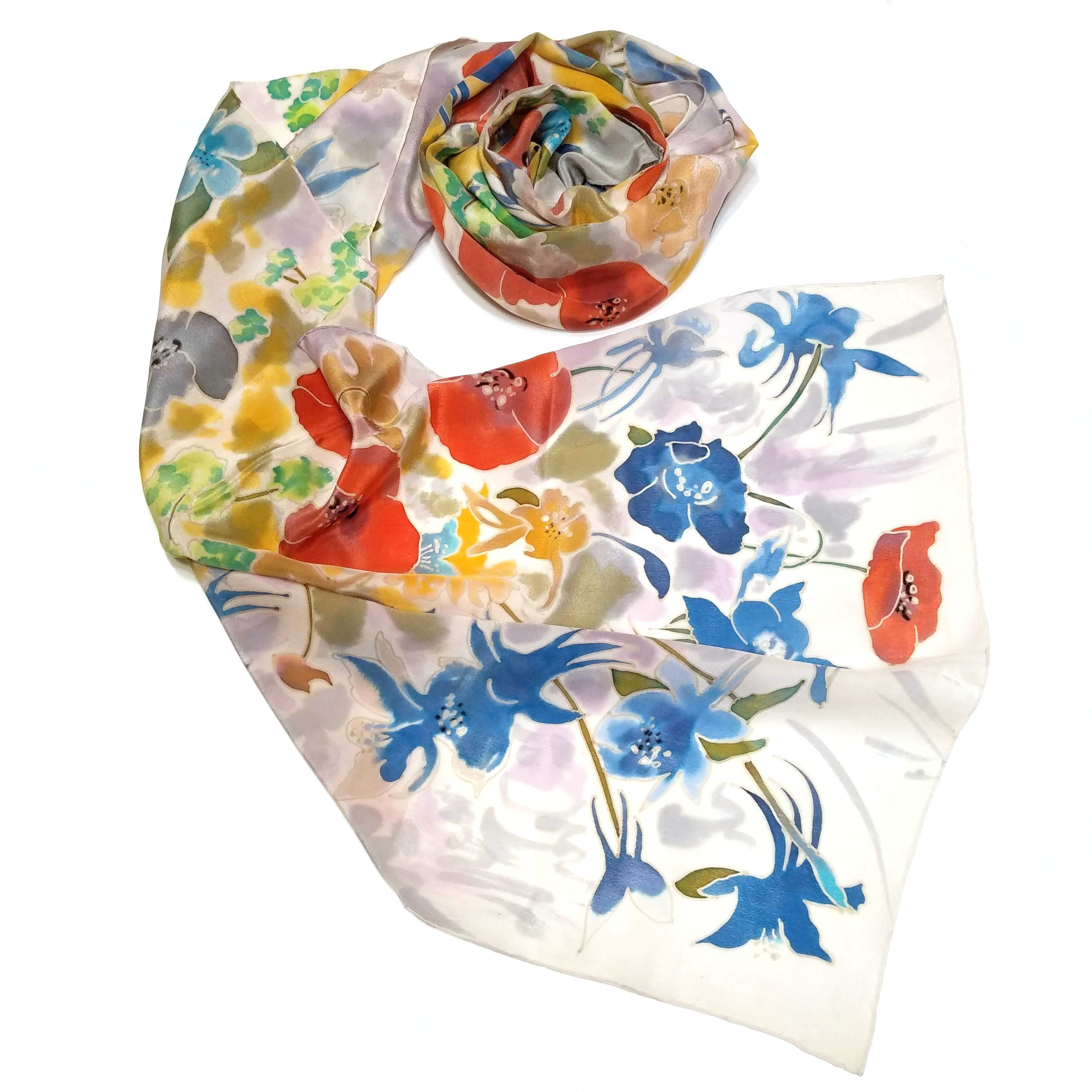 Poppy Silk Scarf. Bunch of Poppies Flowers. Hand Painted Silk Scarf ...