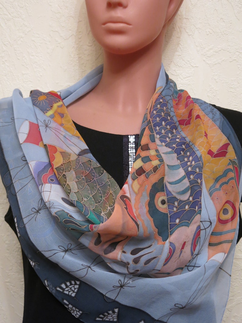 Japan Fishes Light Silk Scarf. Both Sides Hand Painted Silk Scarf ...
