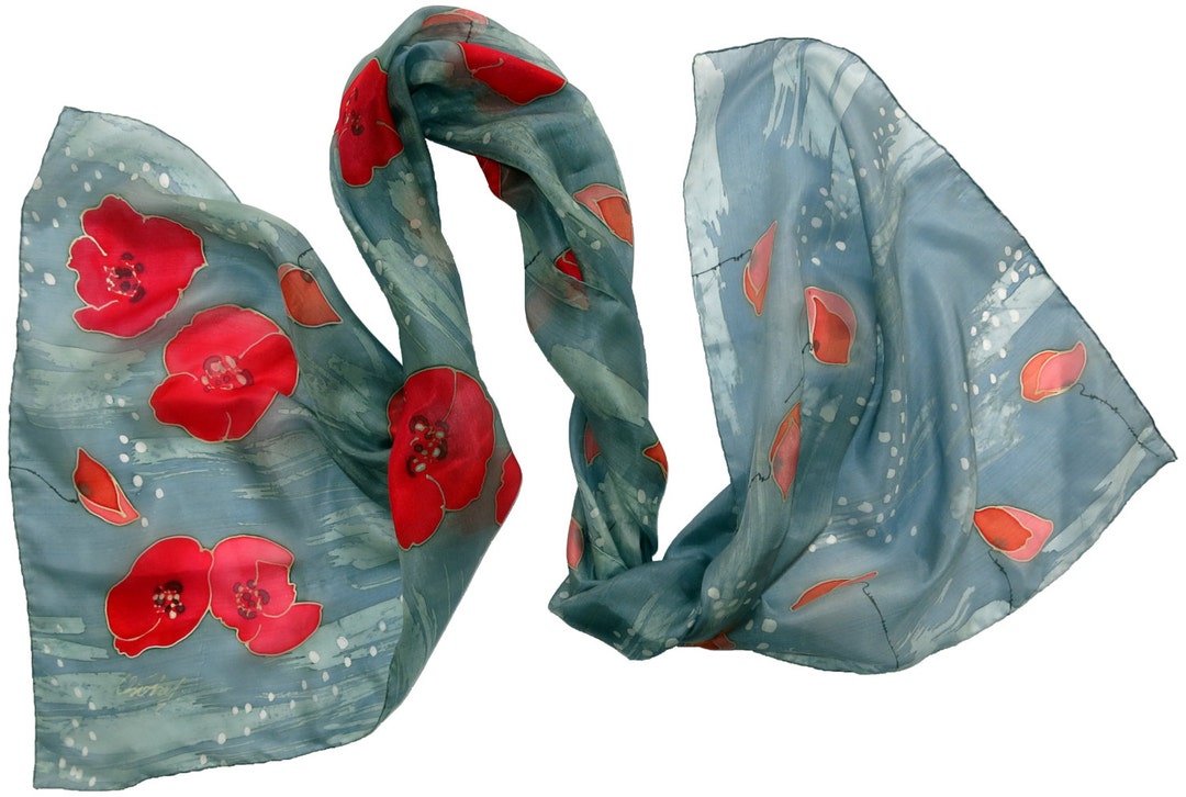 Poppies Silk Scarf. Hand Painted Silk Scarf. Red Poppy on Gray. Floral ...