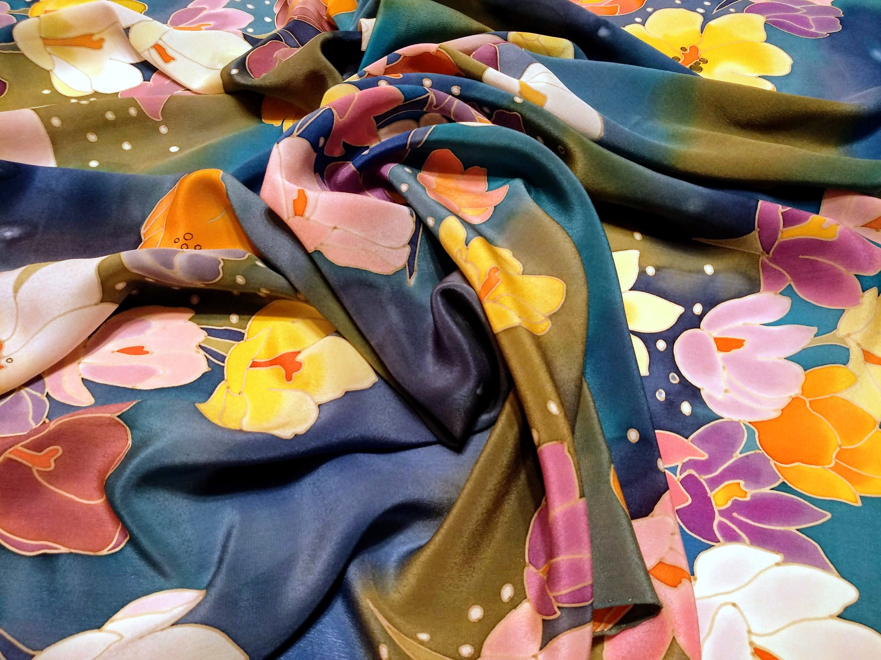 Crocus scarf silk. Floral blue silk scarf. Hand painted silk | Etsy