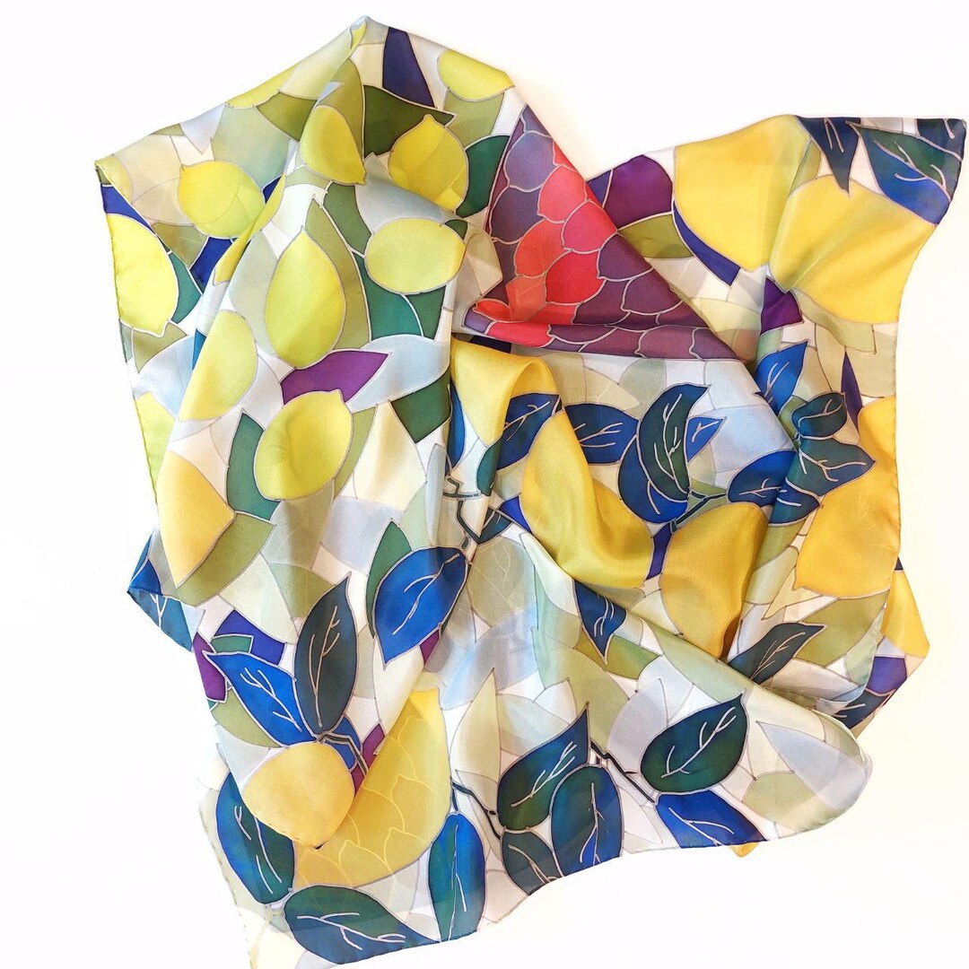 Lemon Fresh Silk Scarf Hand Painted Fruit Print Bright Citrus Tropical ...