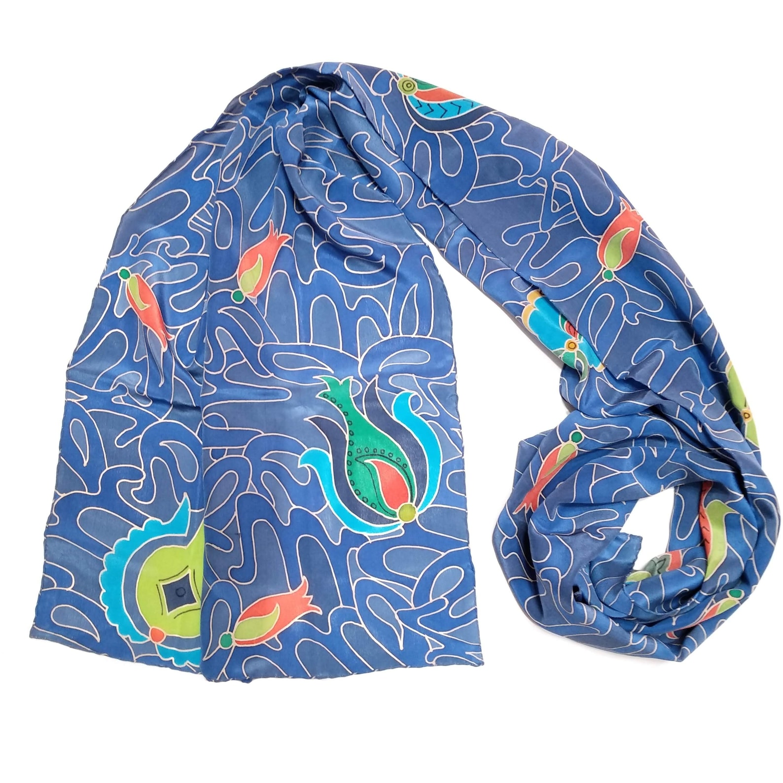 Blue Silk Scarf Sea Waves. Handpainted in Blue Scarf With Colorful ...