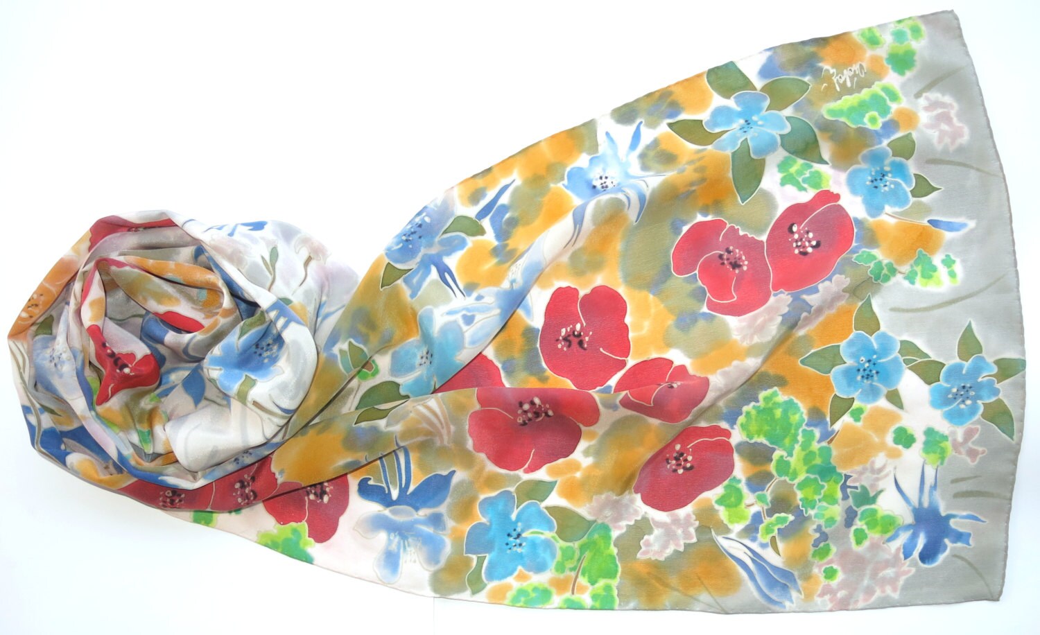 Poppy Silk Scarf. Bunch of Poppies Flowers. Hand Painted Silk Scarf ...