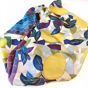 Lemon Fresh Silk Scarf Hand Painted Fruit Print Bright Citrus Tropical ...