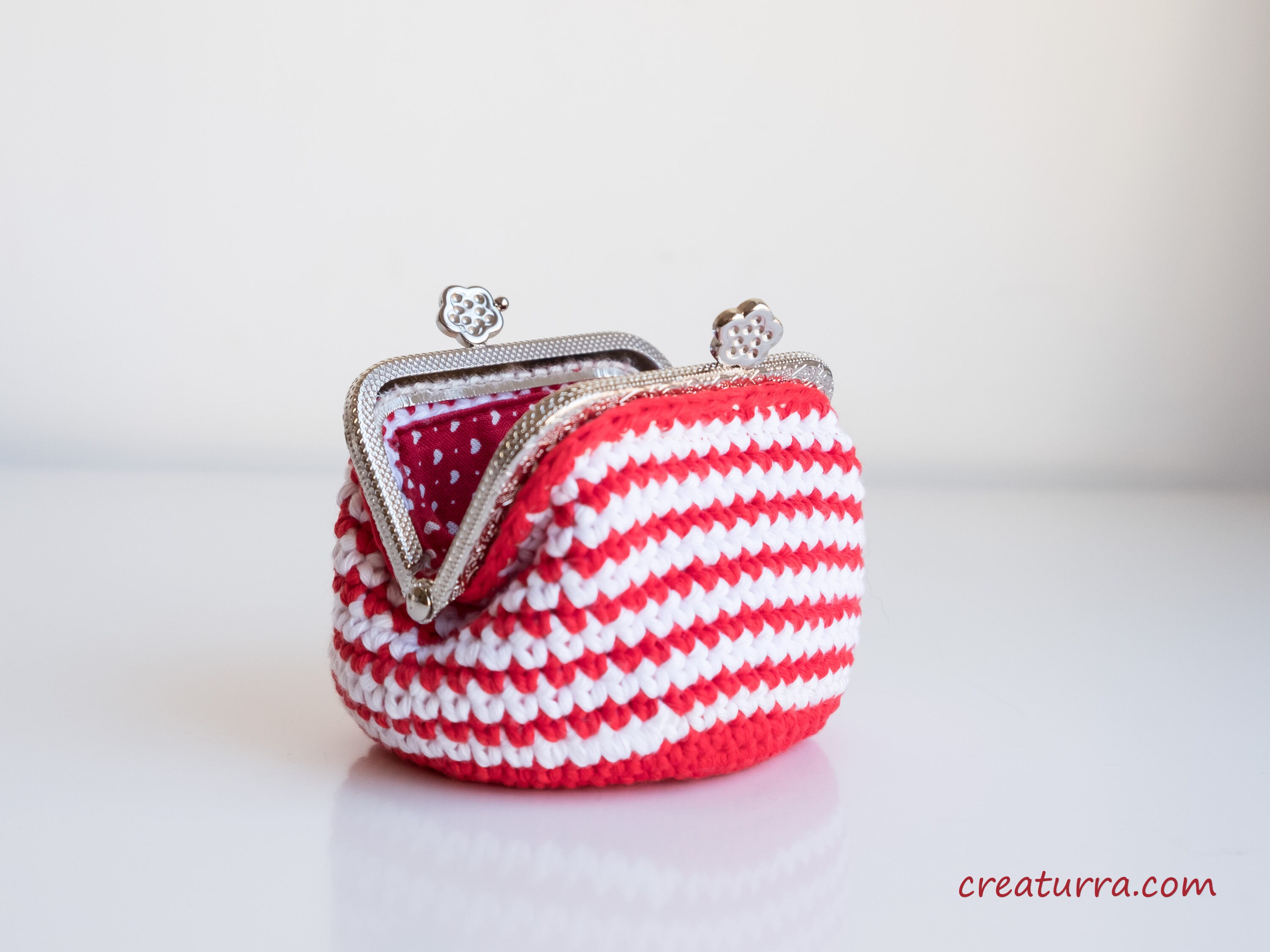 Crochet Coin Purse, Red Stripes Coin Purse, Kiss Lock Coin Purse, Retro ...