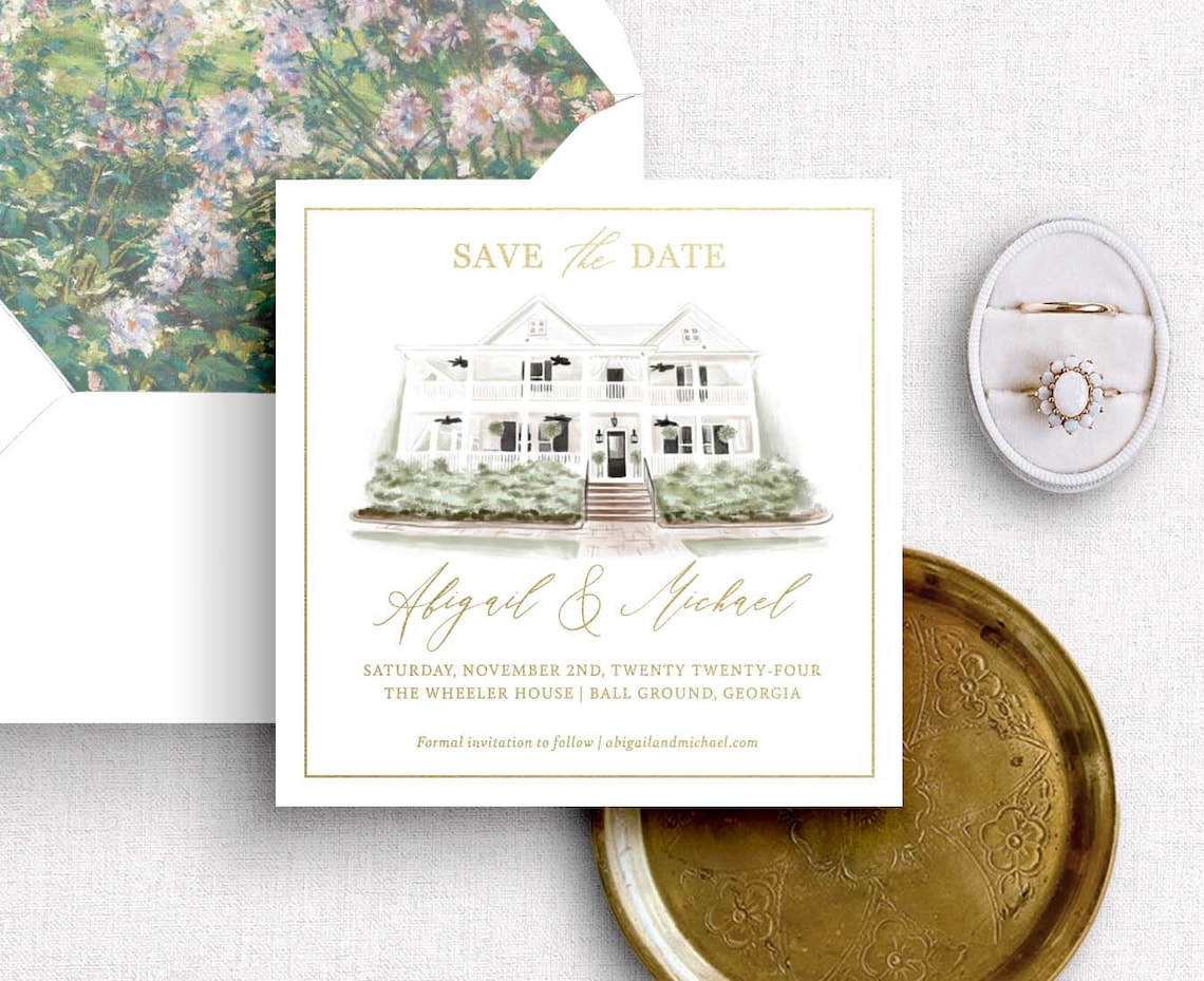 Custom Venue Illustration Save the Date, Square Save the Date, Foil ...