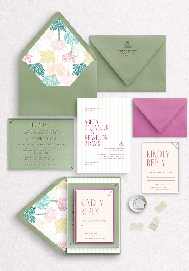Tropical Striped Letterpress Invitation Suite, Letterpress Wedding ...