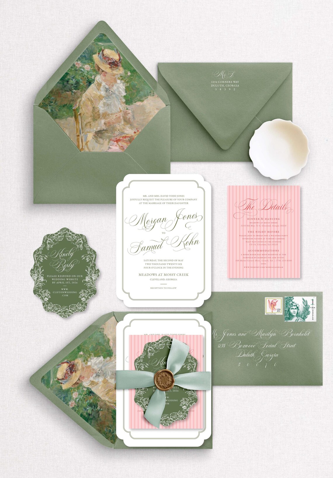 The Meadows Wedding Invitation Suite, Southern Wedding, Green, Coastal ...