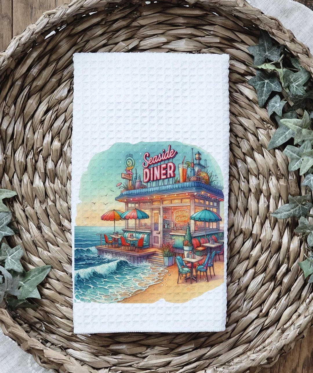 Retro Seaside Diner Kitchen Towel – Beach Coastal Decor for Summer ...