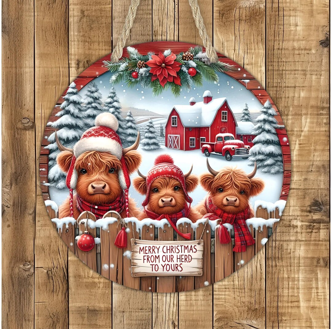 Christmas Highland Cow Door Hanger, Rustic Country Christmas Sign ...