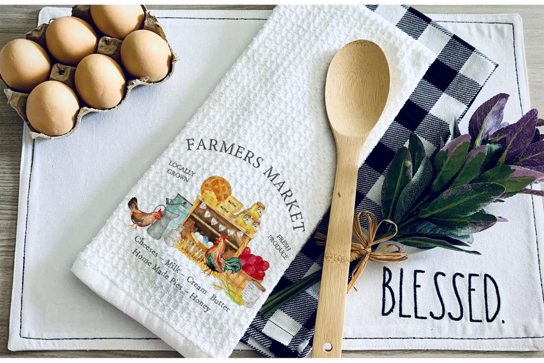 Vintage Farmhouse Kitchen Towel, Farmer's Market Dish Towel, Chicken ...
