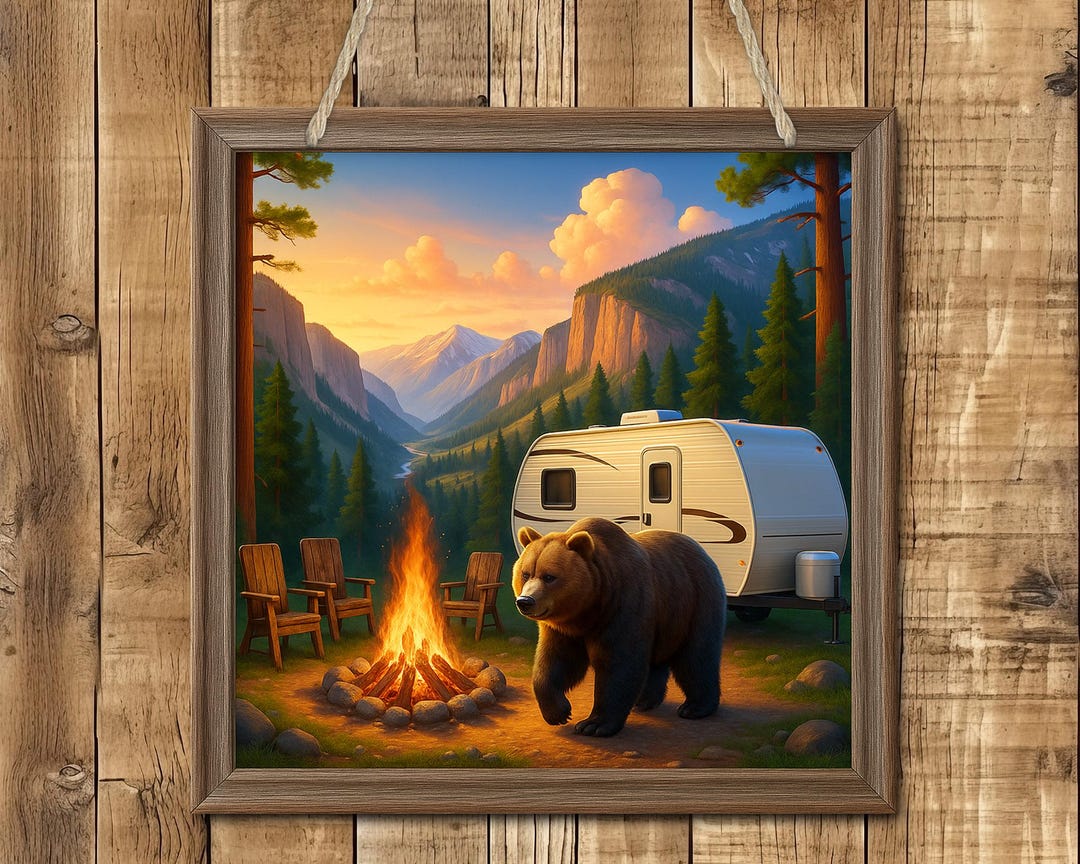 Bear and Camper Square Sign – Rustic Campfire Mountain Decor, Wildlife ...