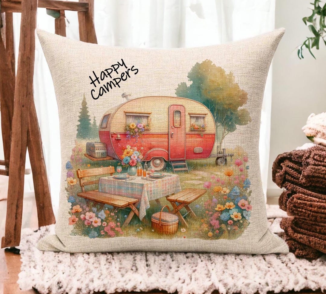 Personalized Red Camper Picnic Pillow - Retro RV Camping Decor - Custom ...