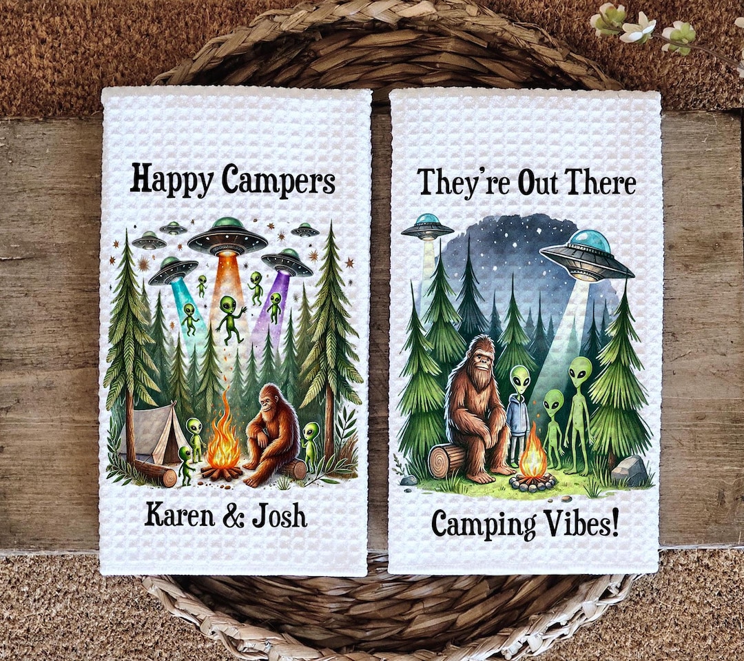 Personalized Alien & Sasquatch Camping Towel - Funny UFO Camping Gift ...