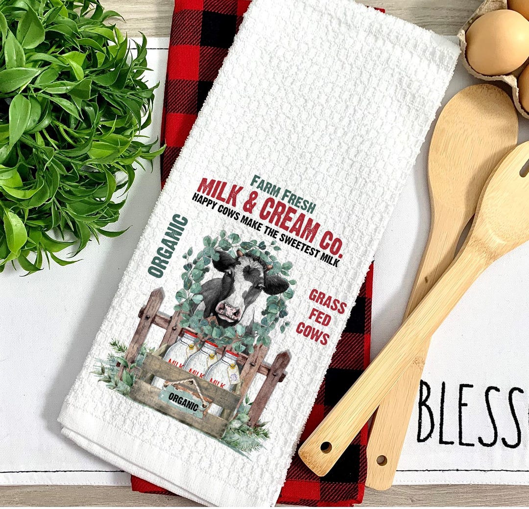 Farmhouse Kitchen Towel, Fresh Milk & Cream Dishcloth, Country Cow ...