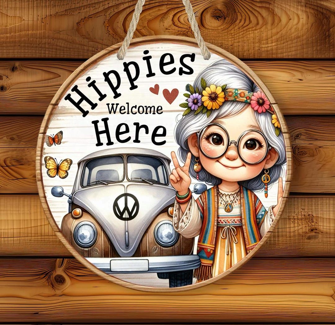 Cute Hippie Welcome Sign, Hippie Bus Decor, Bohemian Peace Door Hanger ...