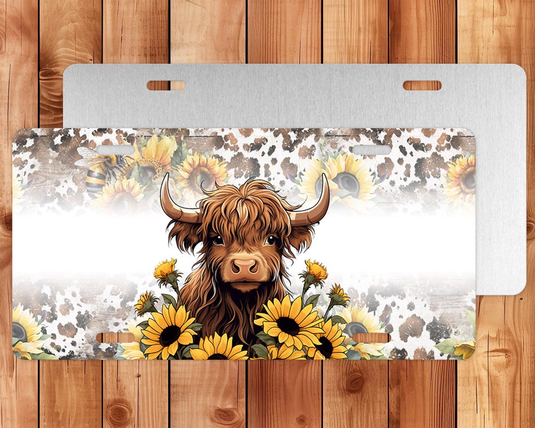 Highland Cow License Plate - Sunflower Cow Vanity Plate - Rustic ...