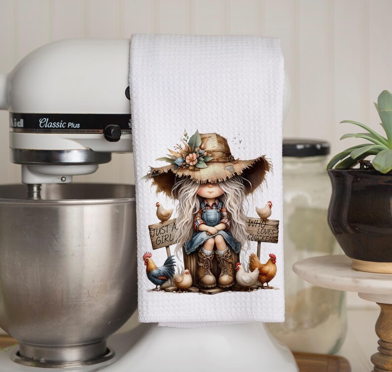 Rustic Farmhouse Kitchen Towel With Cute Country Girl and Chickens ...