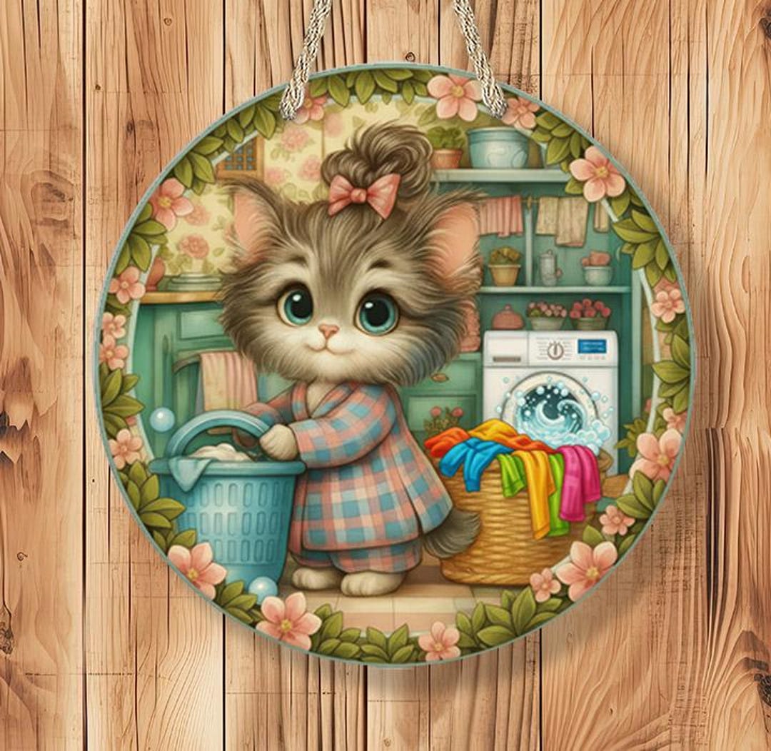 Cute Cat Laundry Room Sign, Farmhouse Wall Décor, Whimsical Kitten ...