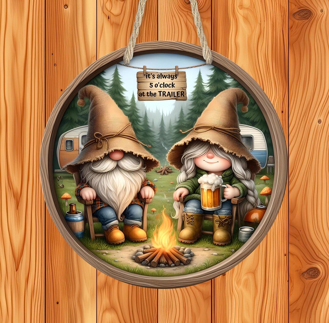 Charming Camping Gnome Couple Wall Decor, Rustic Wooden Round Sign for ...