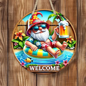Funny Pool Gnome Welcome Sign – Round Summer Door Hanger With Tropical ...