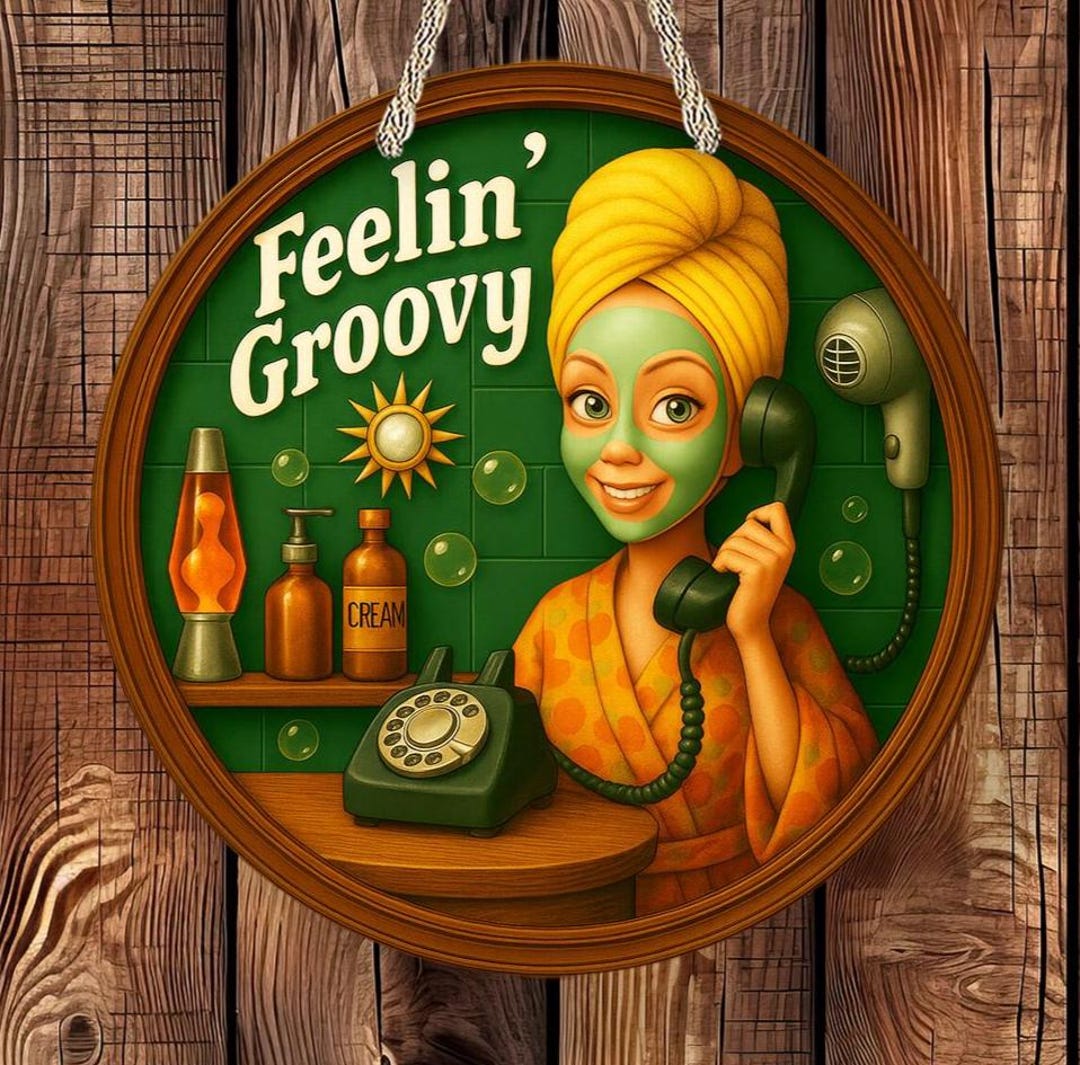 Retro 70s Bathroom Sign: Groovy Spa Decor With Girl in Face Mask - Etsy