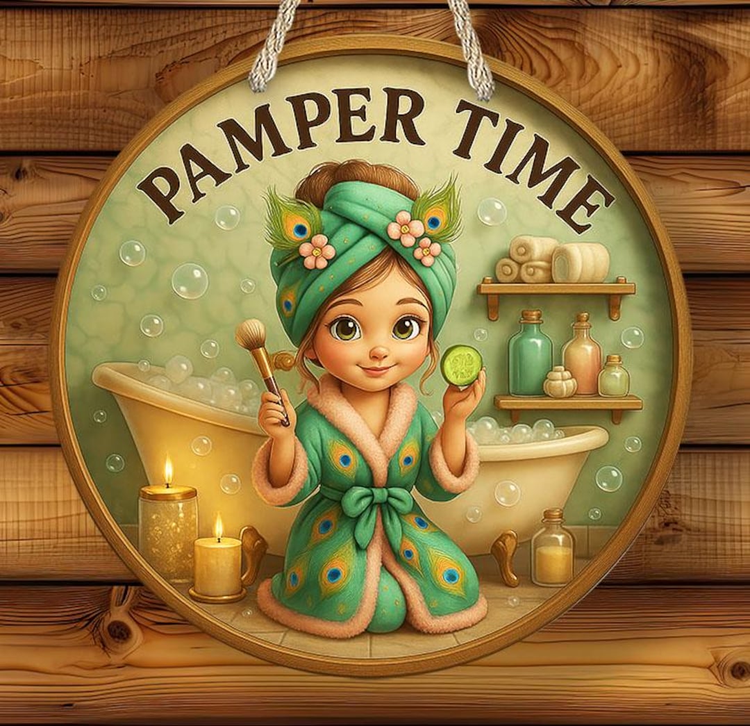 Bathroom Pamper Time Sign – Spa Day Wall Decor – Rustic Sign With Girl ...