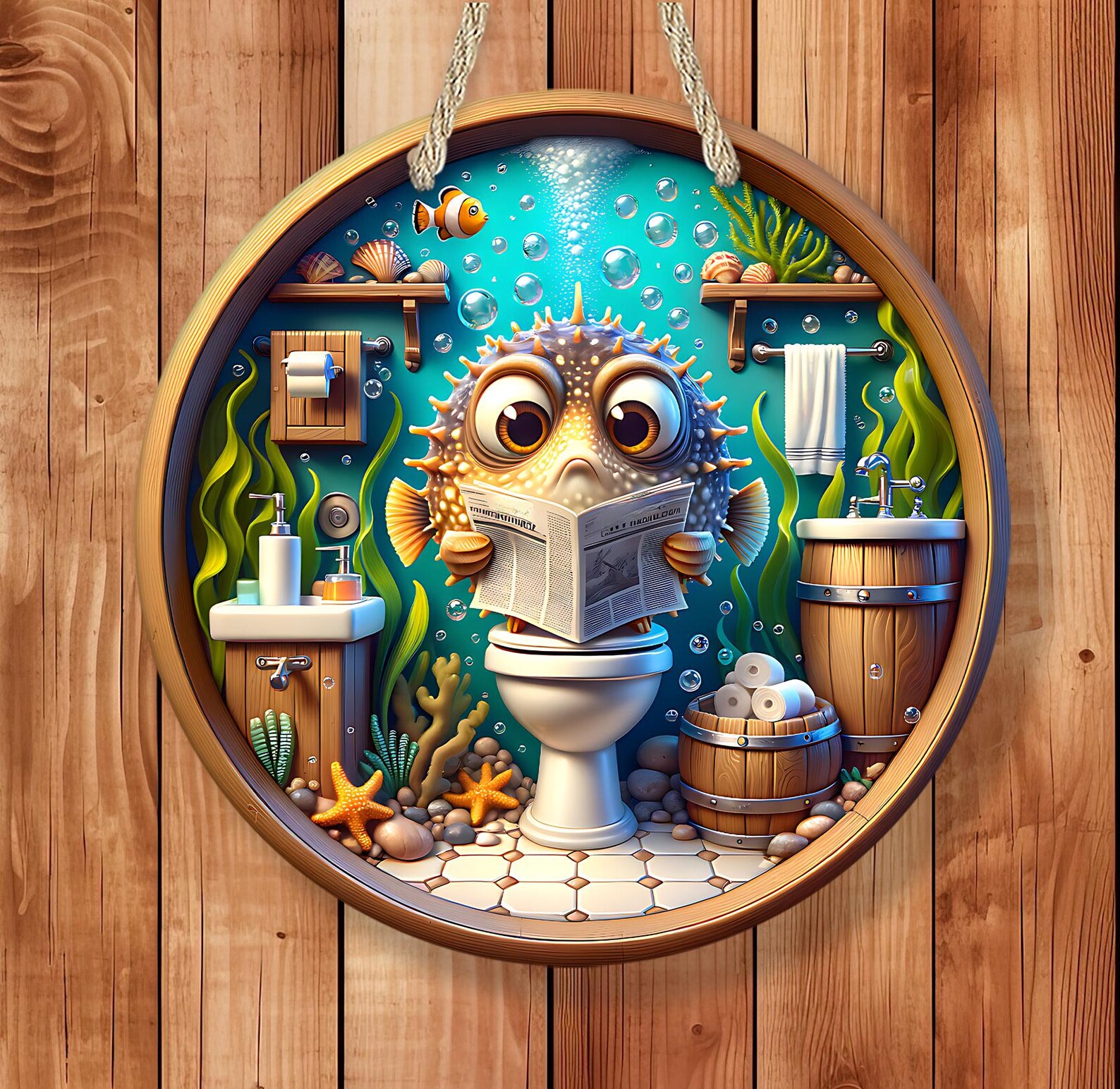 Funny Puffer Fish Bathroom Sign – Ocean Humor Wall Art, Nautical ...