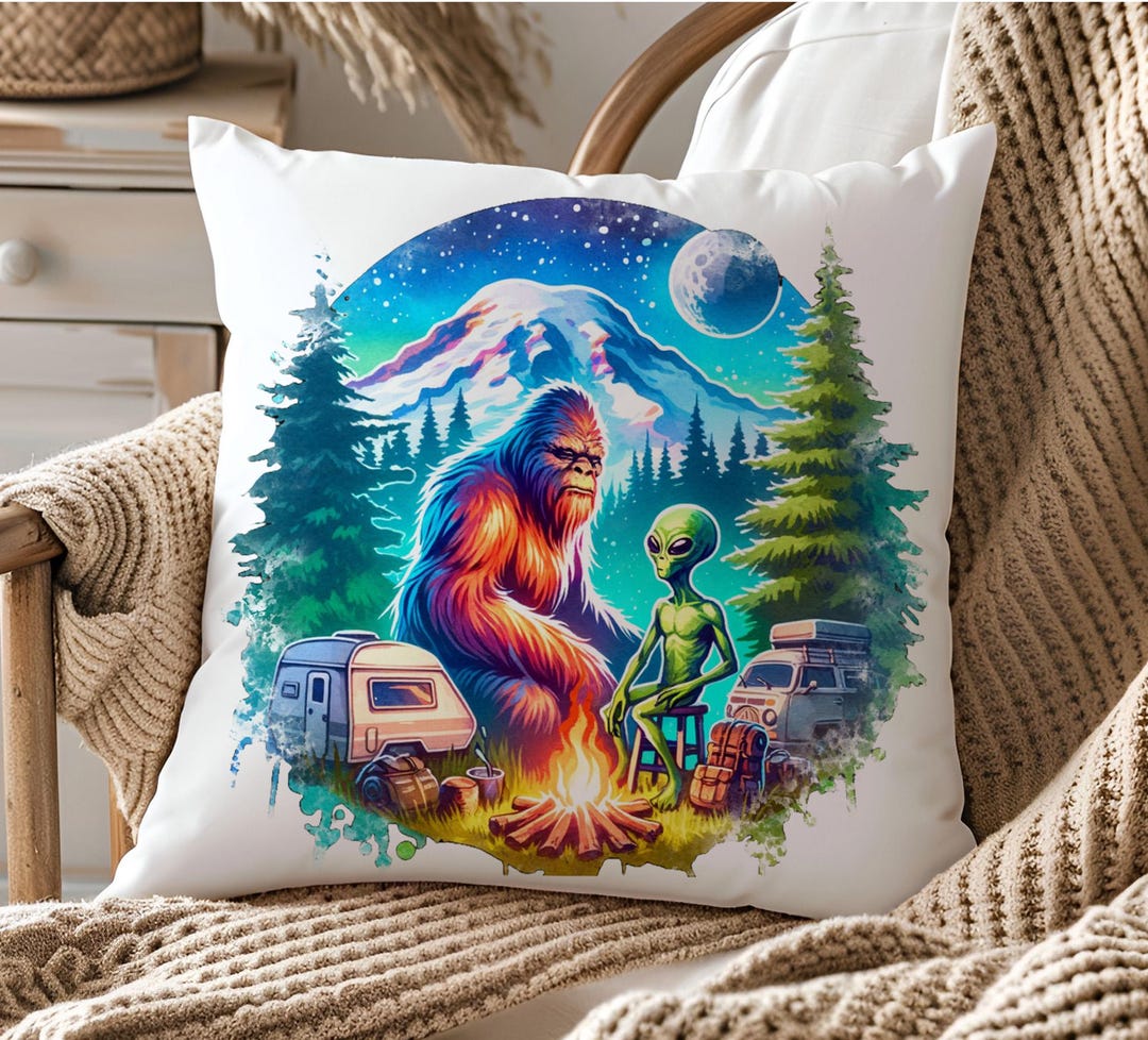 Bigfoot and Alien Camping Pillow, Funny Sasquatch Decor, UFO Cabin ...