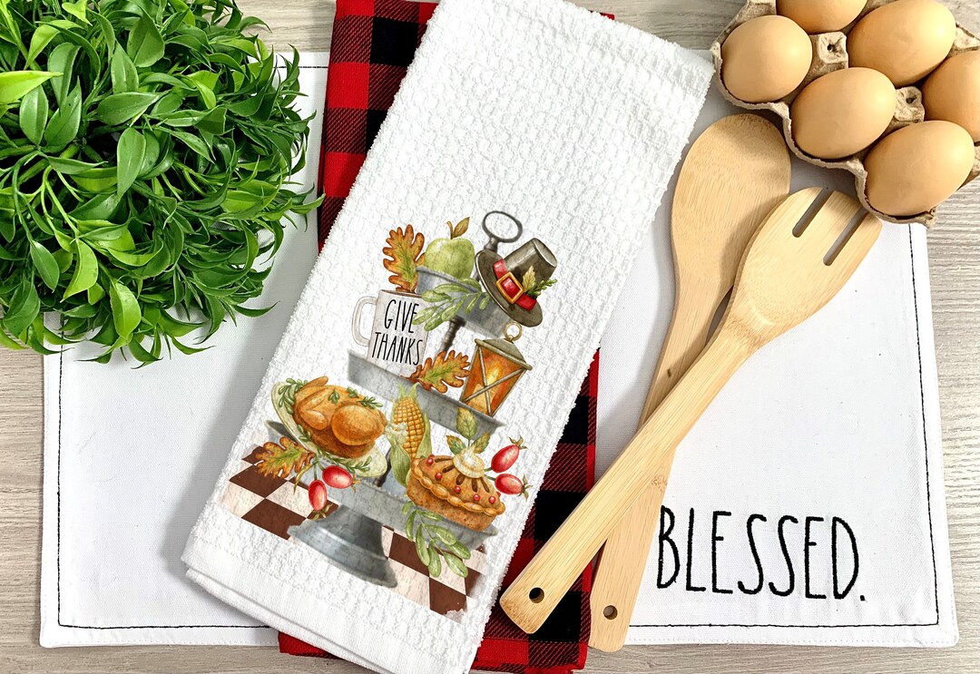 Festive Thanksgiving Kitchen Towel - Autumn Harvest Design, Give Thanks ...