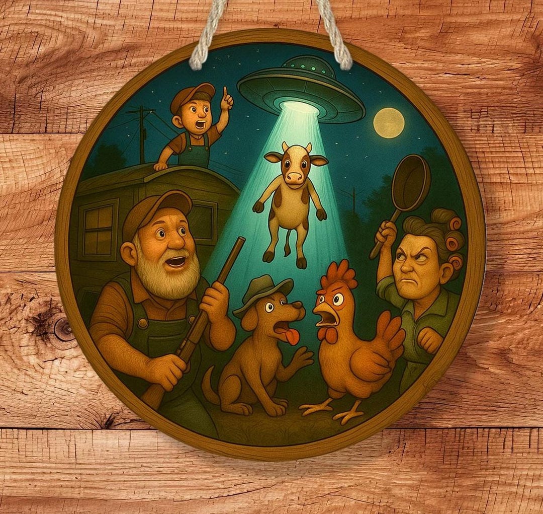 UFO Cow Abduction Hillbilly Sign – Funny Alien Tractor Beam Farmhouse ...