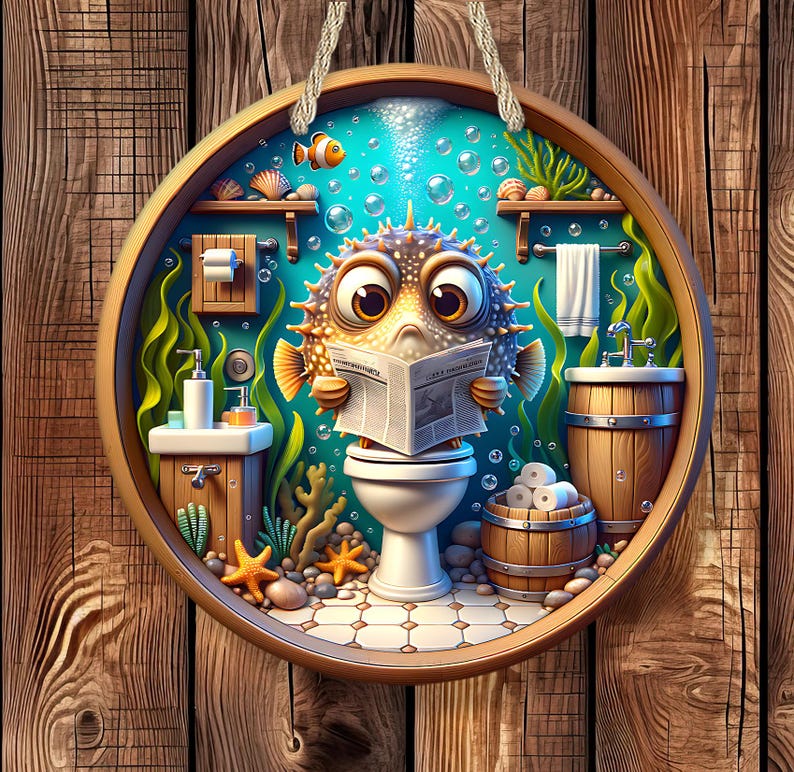 Funny Puffer Fish Bathroom Sign – Ocean Humor Wall Art, Nautical ...