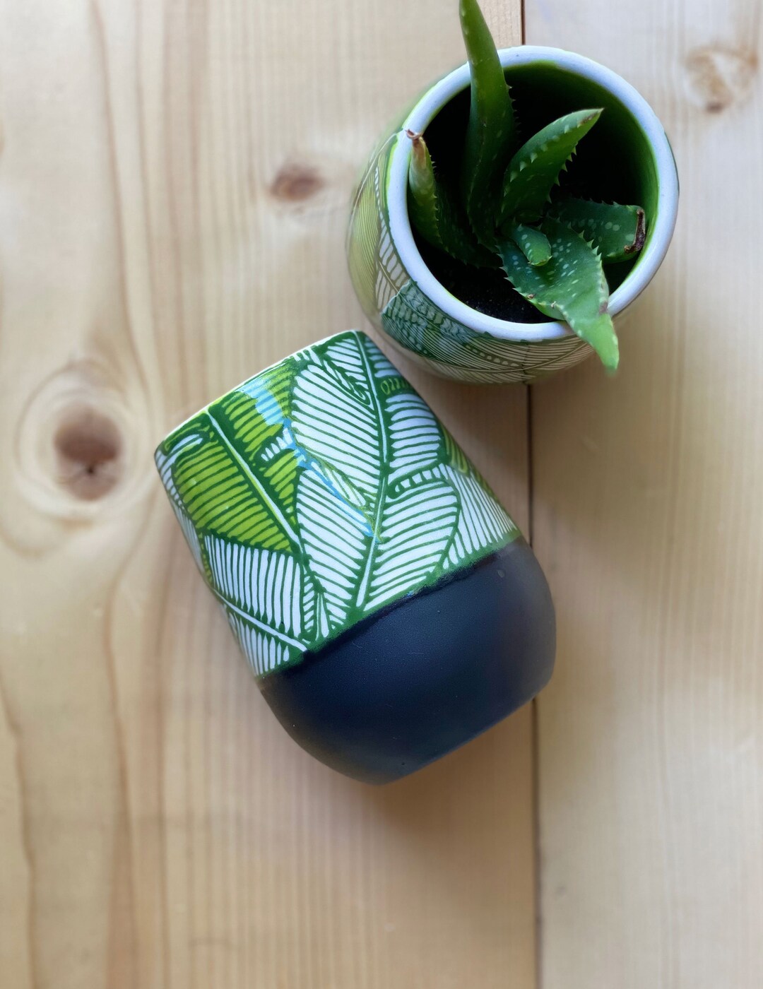 Stemless Wine Glass or Small Aloe Planter - Green Palm Tree Pattern - Etsy
