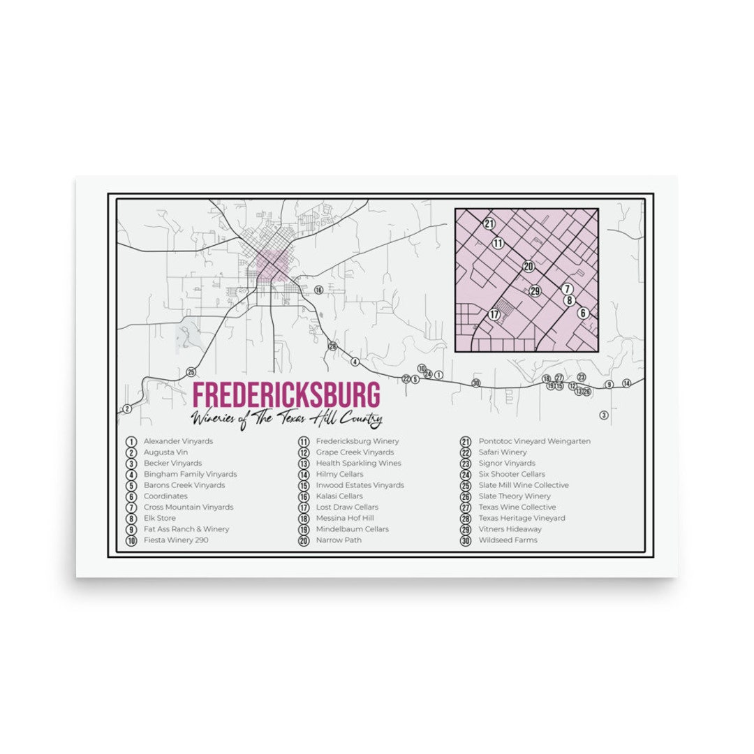 Fredericksburg, Texas Wineries and Vinyards Map & Checklist 36"x24 ...