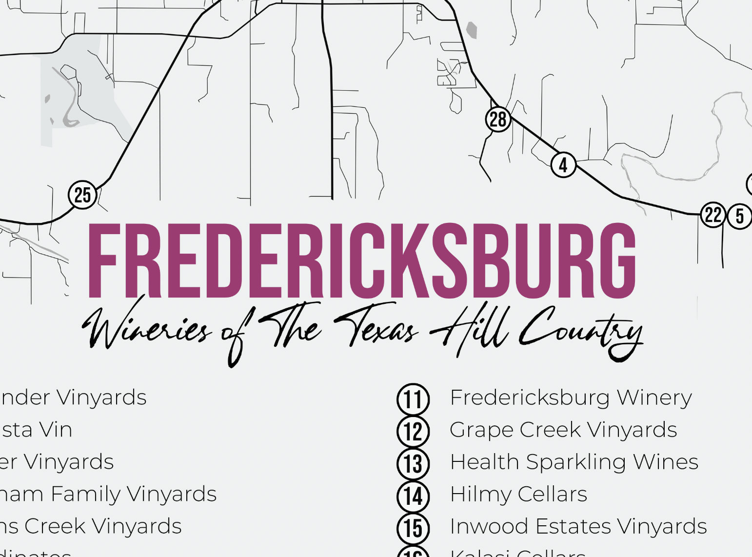 Fredericksburg, Texas Wineries and Vinyards Map & Checklist 36"x24 ...