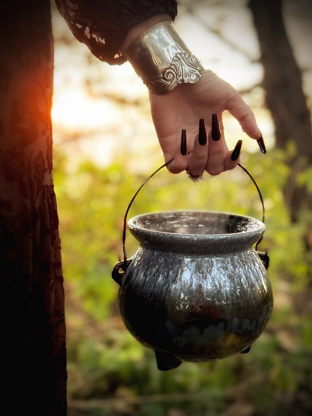 Large Ceramic Cauldron With Black Glaze and Blue/gray Waterfall Glaze ...