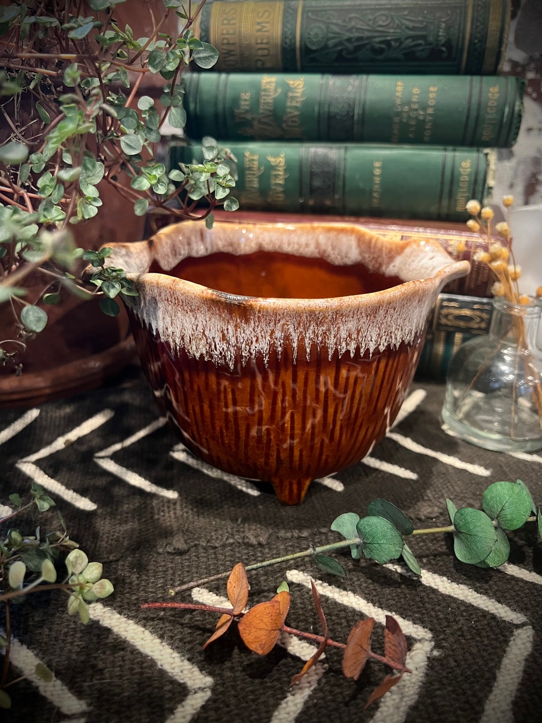 Stoneware Kitchen Cauldron With Double Spout - Drip Glaze and Carved ...