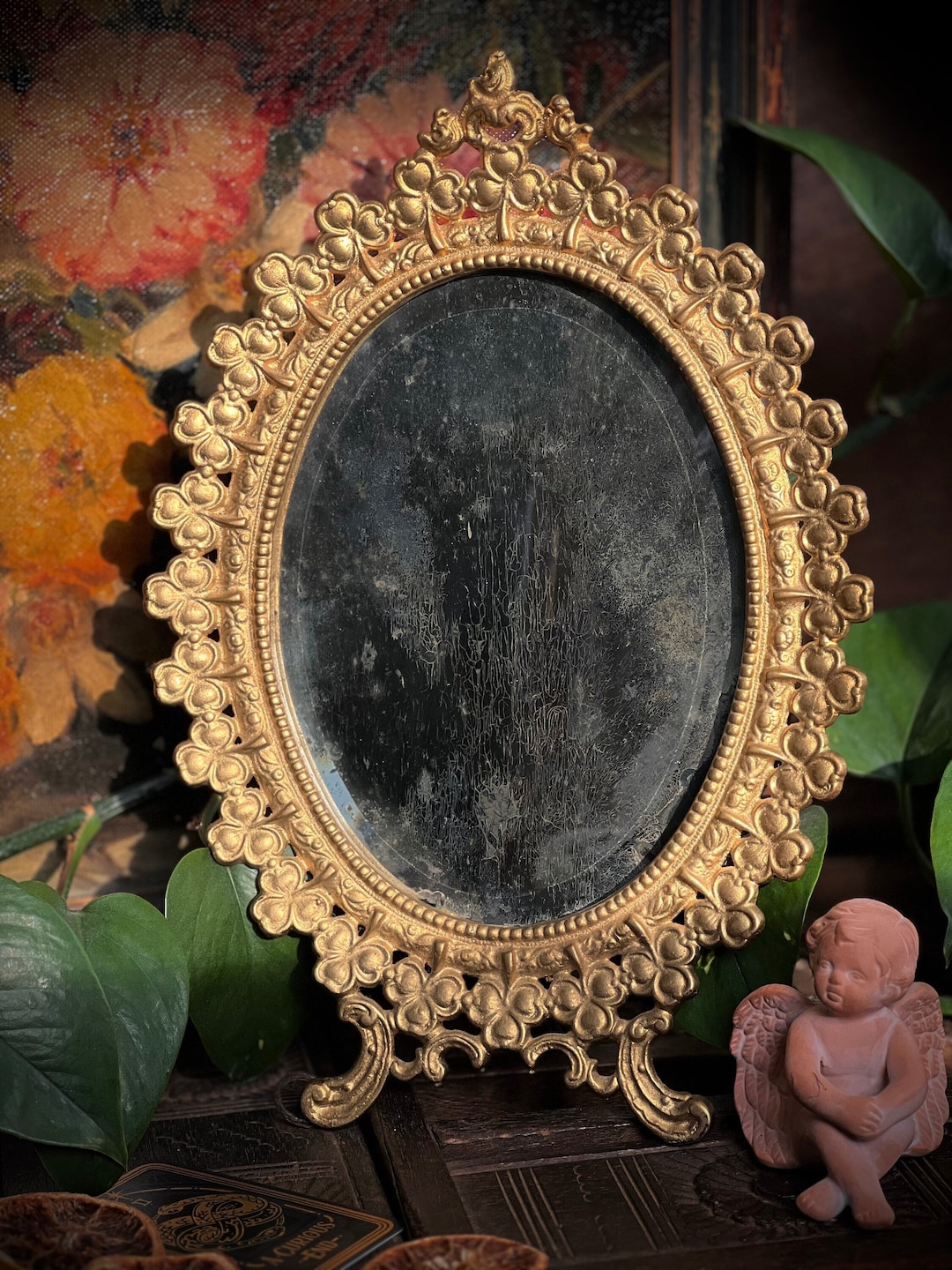 Vanity Mirror With Three Leaf Clover Ornate Brass Frame and Distressed ...