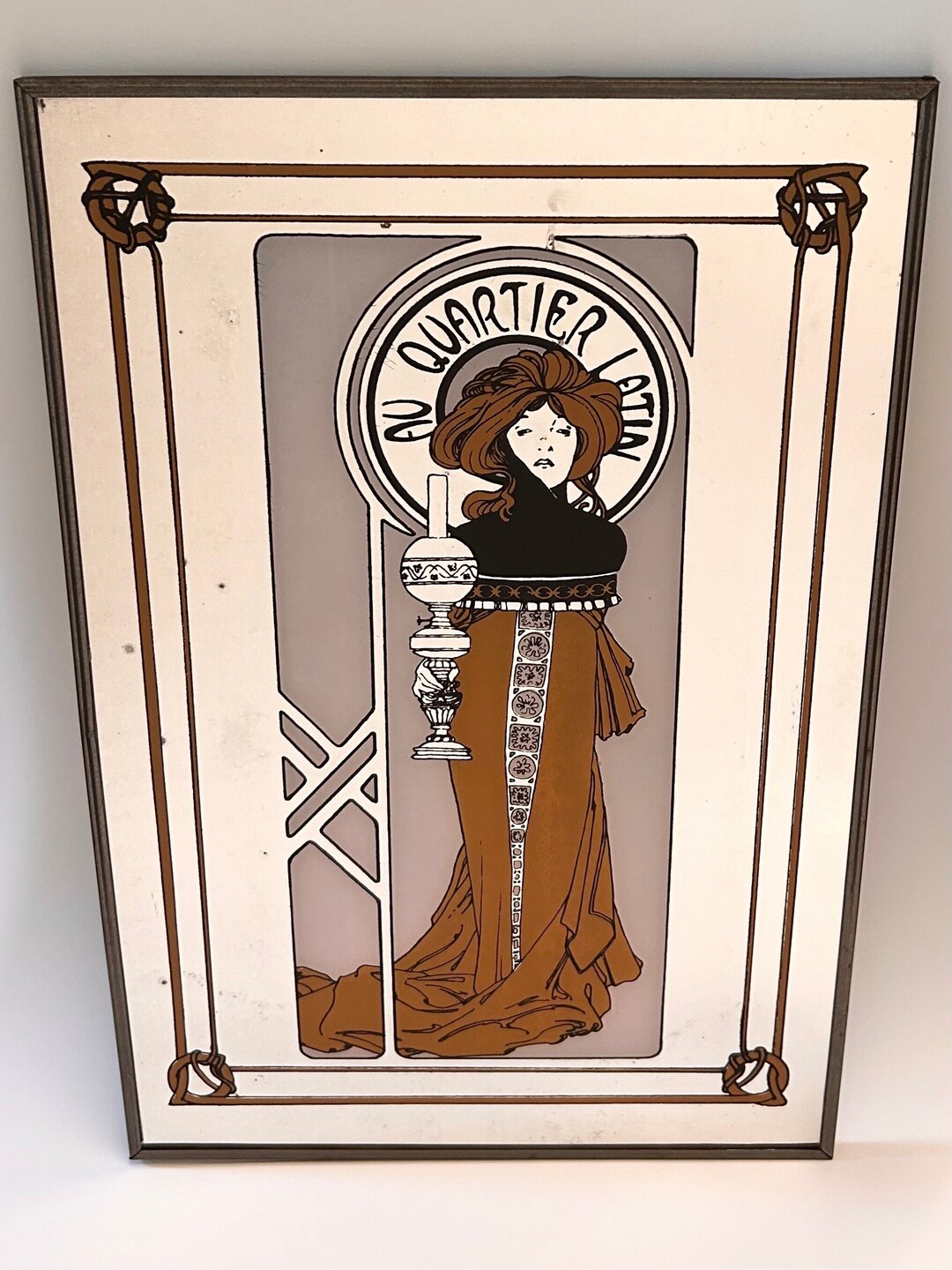 Antique Art Nouveau Mirror With Alphonse Mucha Illustration in Mustard ...
