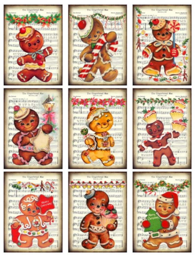 Vintage Image Grunge Retro Gingerbread Men Christmas Labels Transfers ...