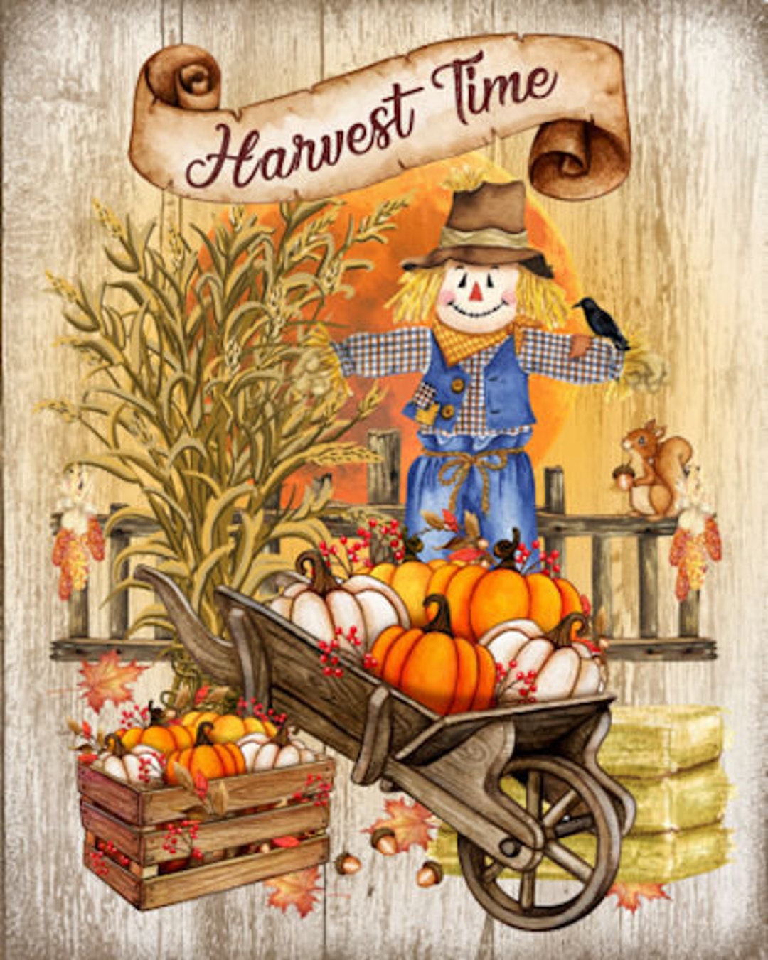Vintage Grunge Wood Fall Autumn Harvest Scarecrow Pumpkins Digital ...