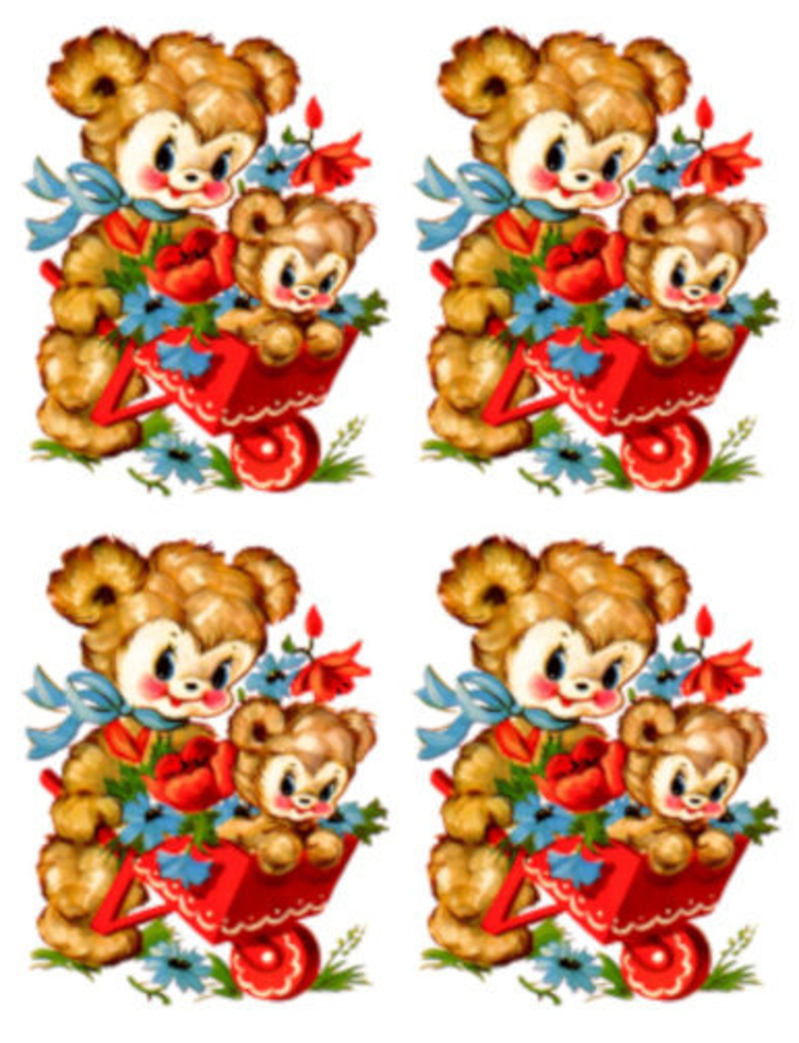 Vintage Image RARE Retro Bears Wheelbarrow Kid Transfers Waterslide ...